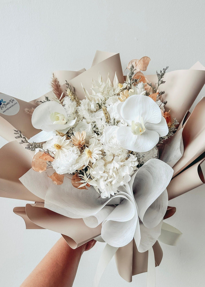 [Preserved] Elena- White roses with Phalaenopsis – The Flower Tale